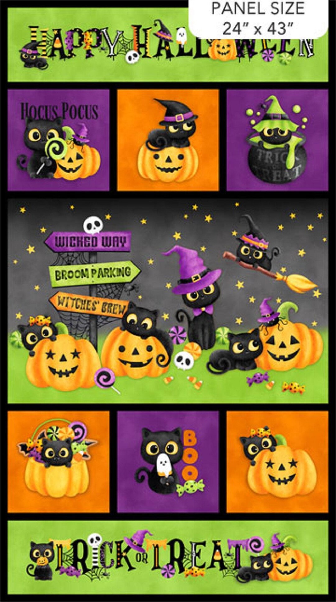 Double Bubble Kitty Trouble Halloween Quilt Wallhanging Fabric Panel ...