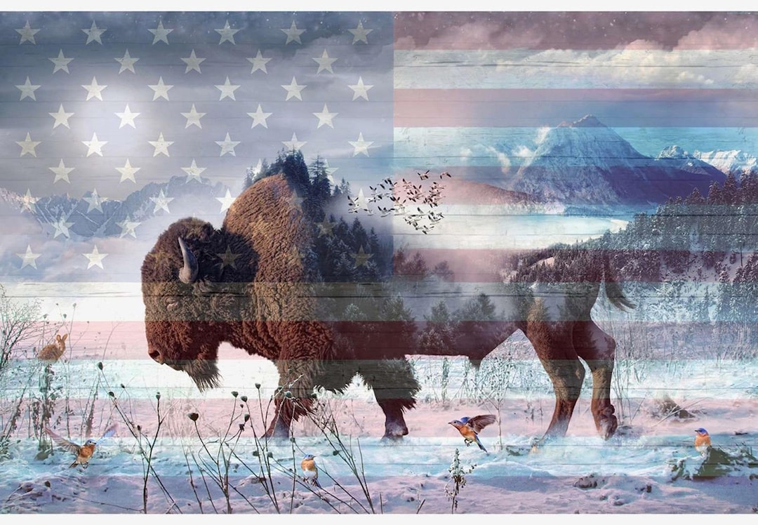 Patriotic American Flag Buffalo Bison Large Fabric Quilt Panel Digital ...