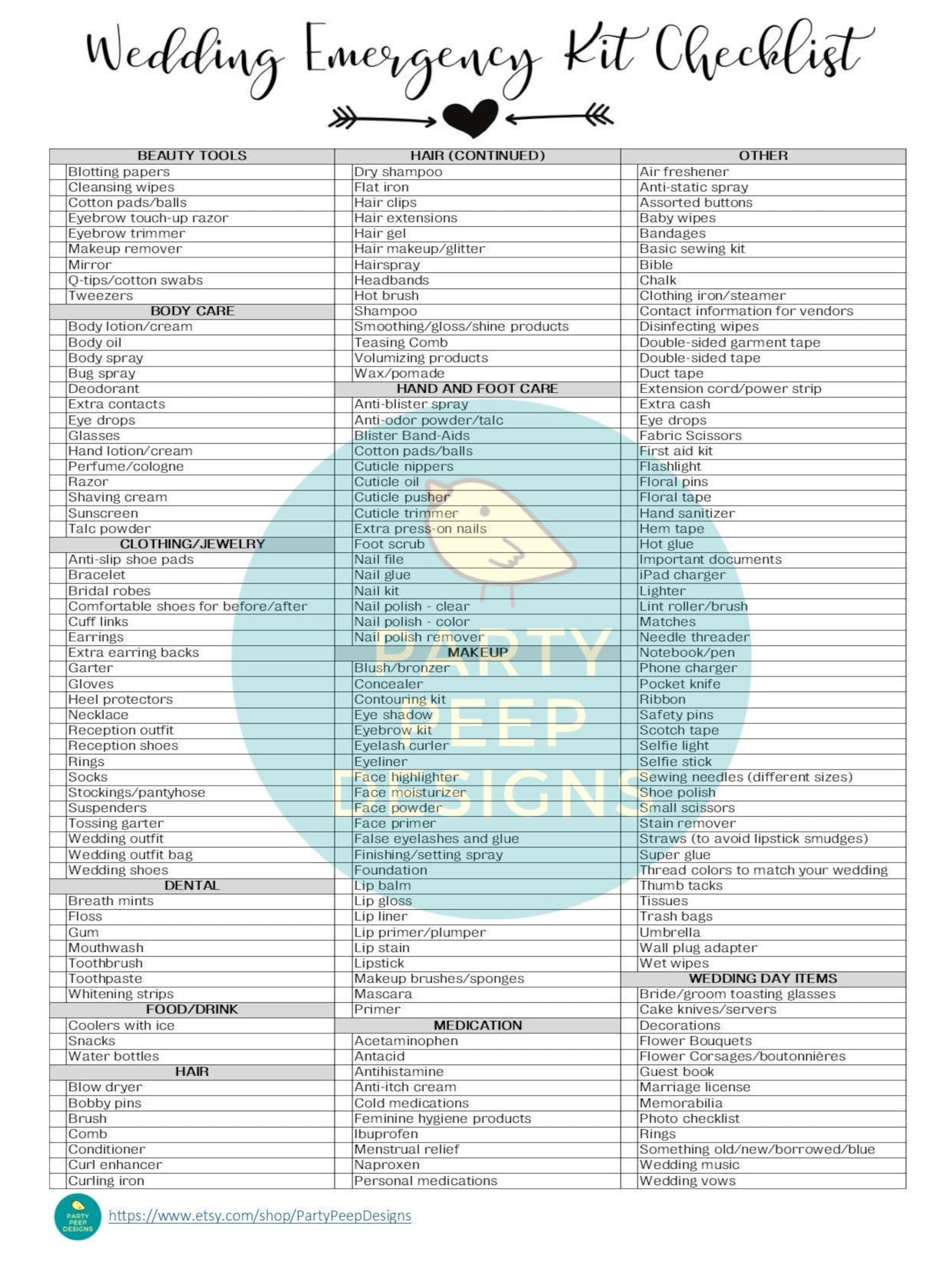 Complete Wedding Emergency Kit Checklist - Etsy