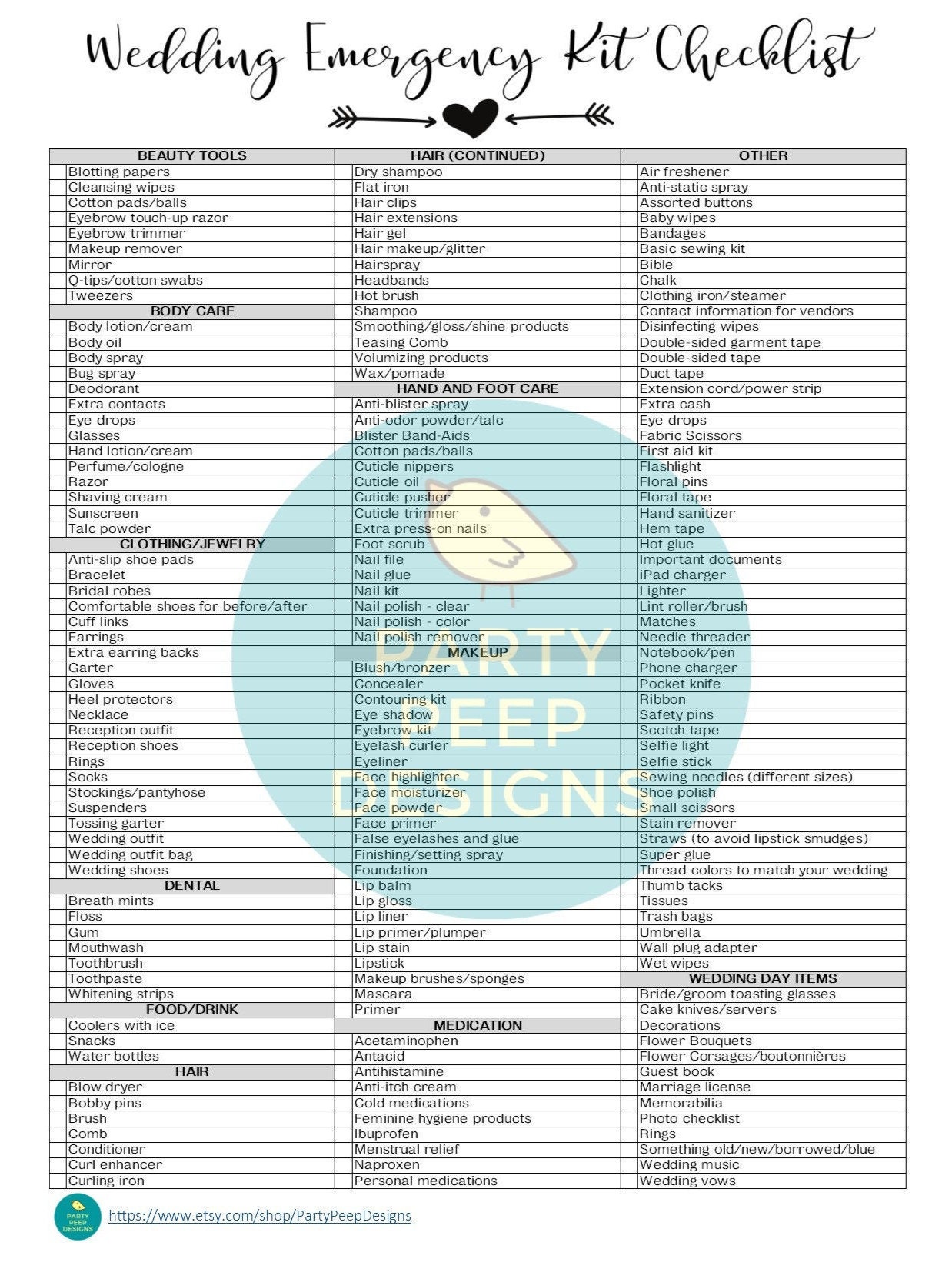 Complete Wedding Emergency Kit Checklist - Etsy