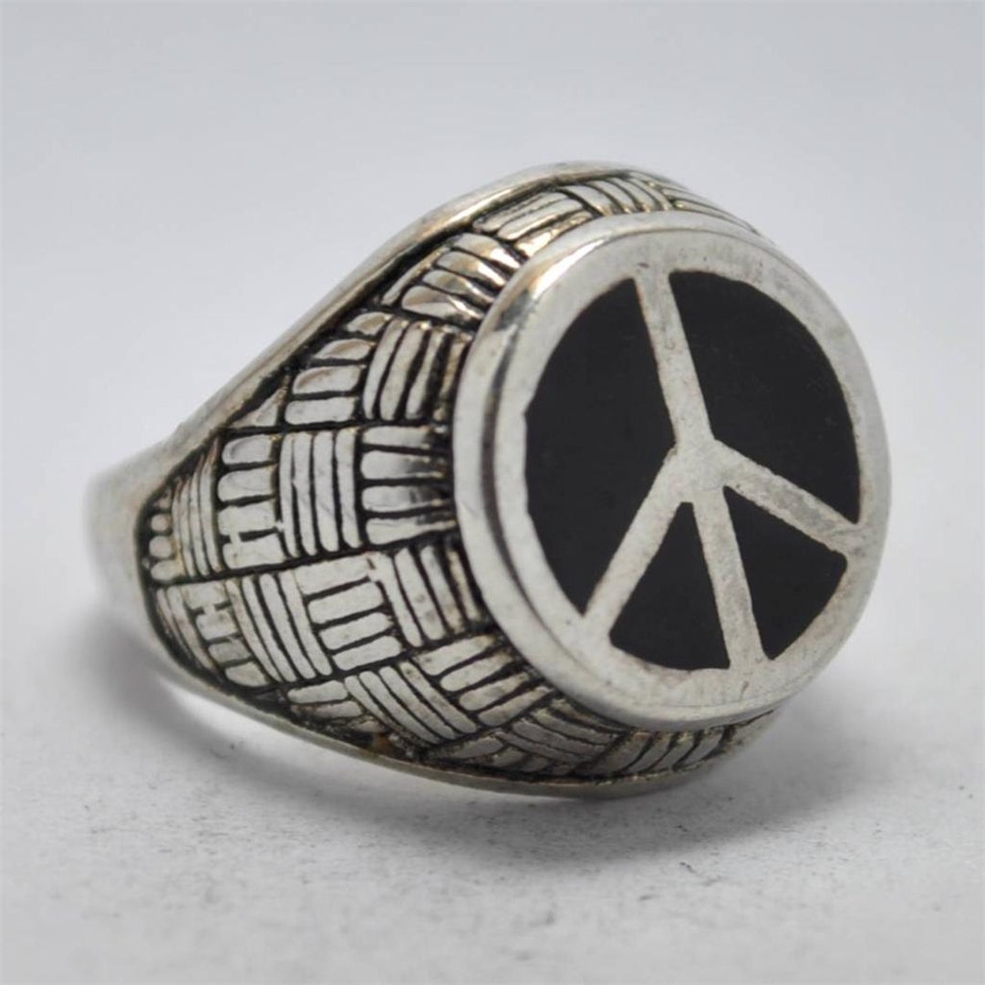 T14A01 Vintage 1987 G & S Biker Peace Symbol Black Enamel Silver Ring ...