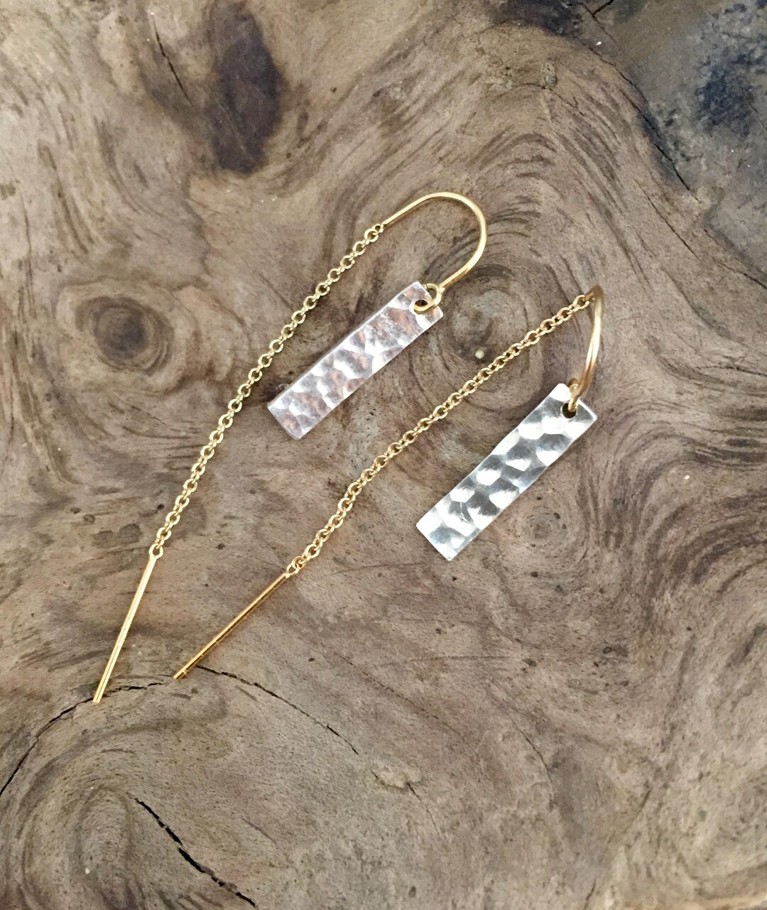 Two-tone 14K Gold-filled Threader Earrings With Short Hammered Sterling ...