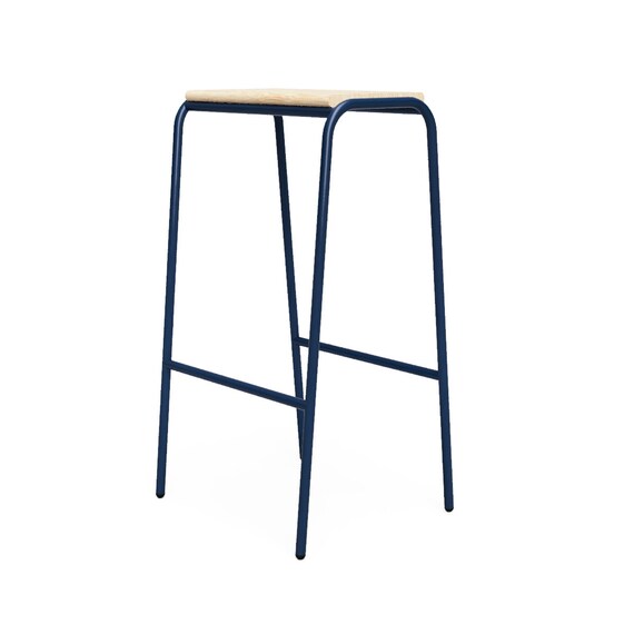 Solid Oak / Cobalt Blue Bar Stool Stackable Minimalist Blue | Etsy