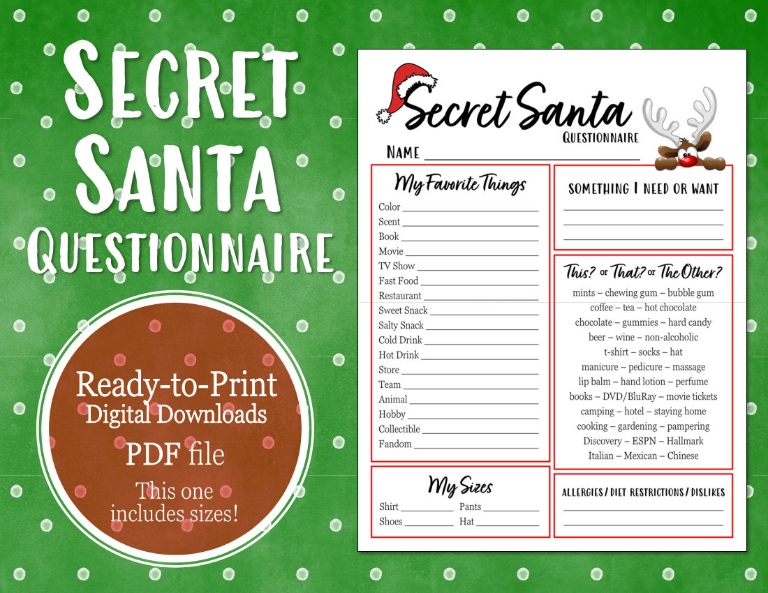 PRINTABLE Secret Santa Questionnaire, Holiday Gift Exchange Form ...