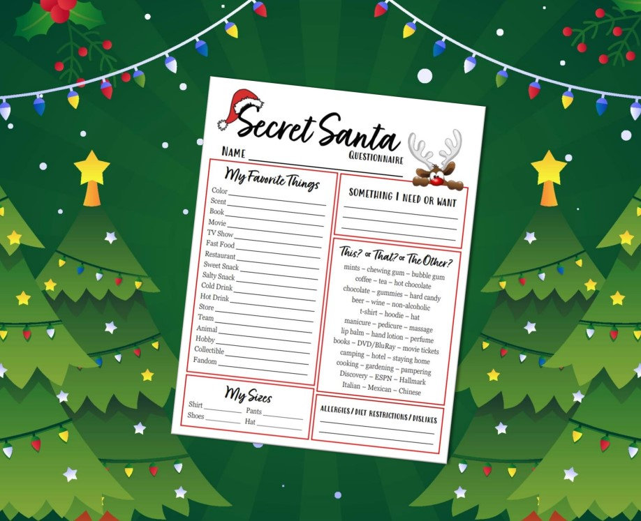 PRINTABLE Secret Santa Questionnaire Holiday Gift Exchange - Etsy