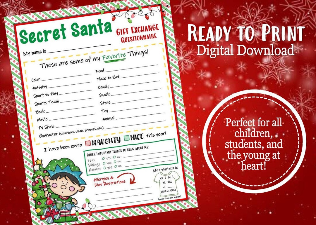 PRINTABLE Secret Santa Questionnaire Kid-friendly Holiday - Etsy