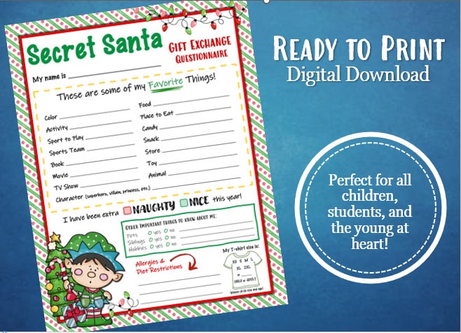 PRINTABLE Secret Santa Questionnaire, Kid-friendly, Holiday Gift ...