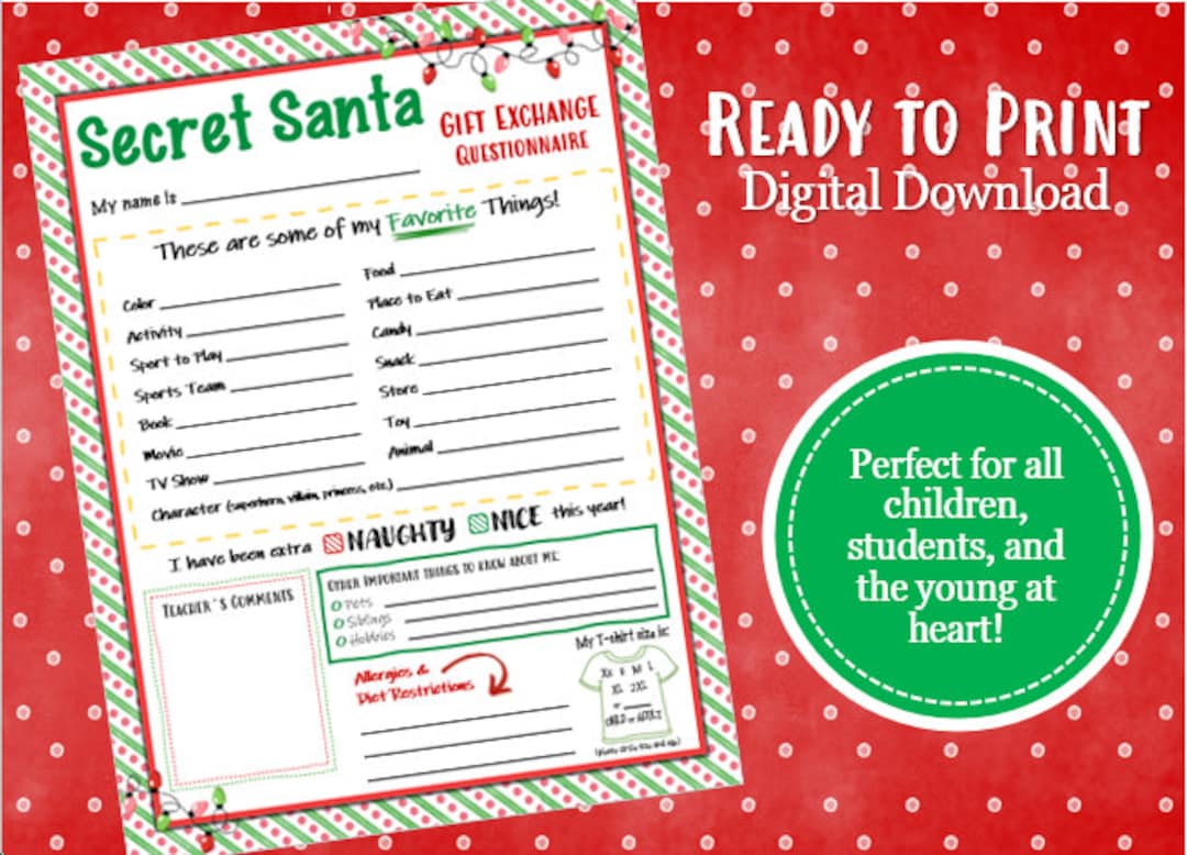 PRINTABLE Secret Santa Questionnaire, Kid-friendly, Holiday Gift ...