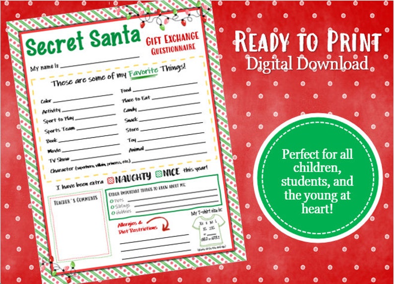 PRINTABLE Secret Santa Questionnaire, Kid-friendly, Holiday Gift ...