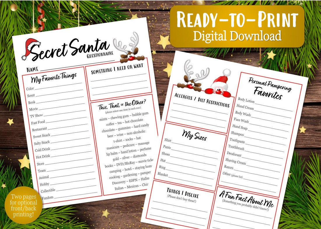 PRINTABLE Secret Santa Questionnaire (opt. Front and Back), Holiday ...
