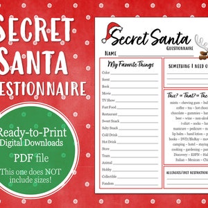 PRINTABLE Secret Santa Questionnaire, Holiday Gift Exchange Form ...