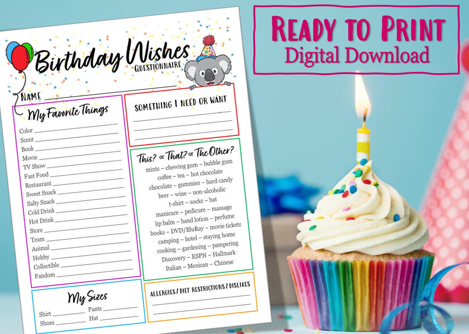 PRINTABLE Birthday Wishes Questionnaire, Wish List, Favorites List ...
