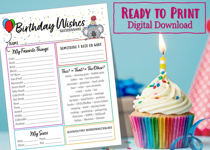 PRINTABLE Birthday Wishes Questionnaire, Wish List, Favorites List ...