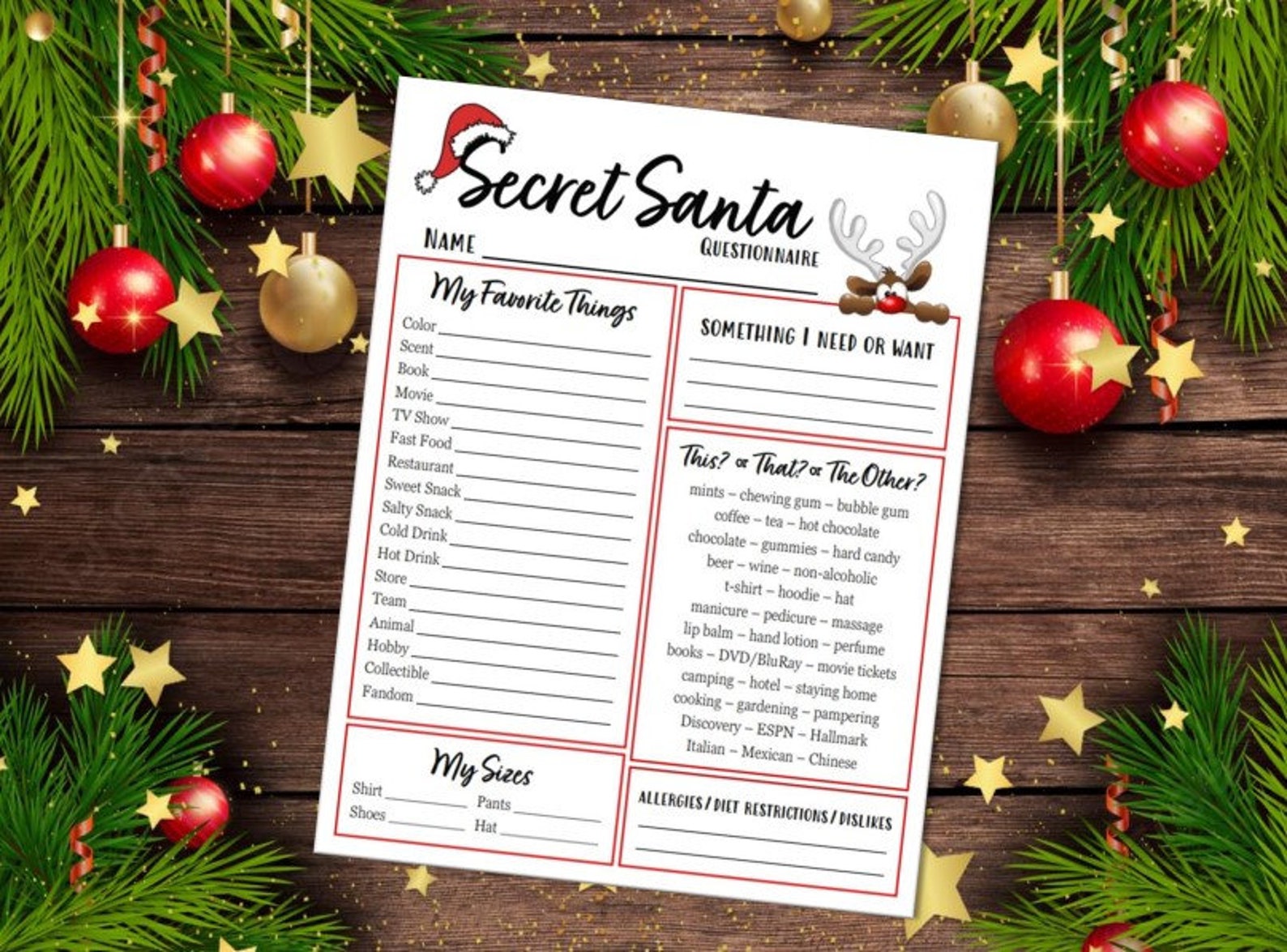 PRINTABLE Secret Santa Questionnaire Holiday Gift Exchange - Etsy
