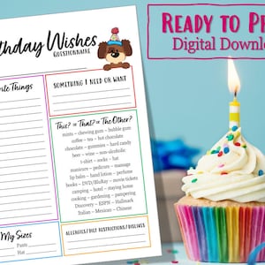 PRINTABLE Birthday Wishes Questionnaire, Wish List, Favorites List ...