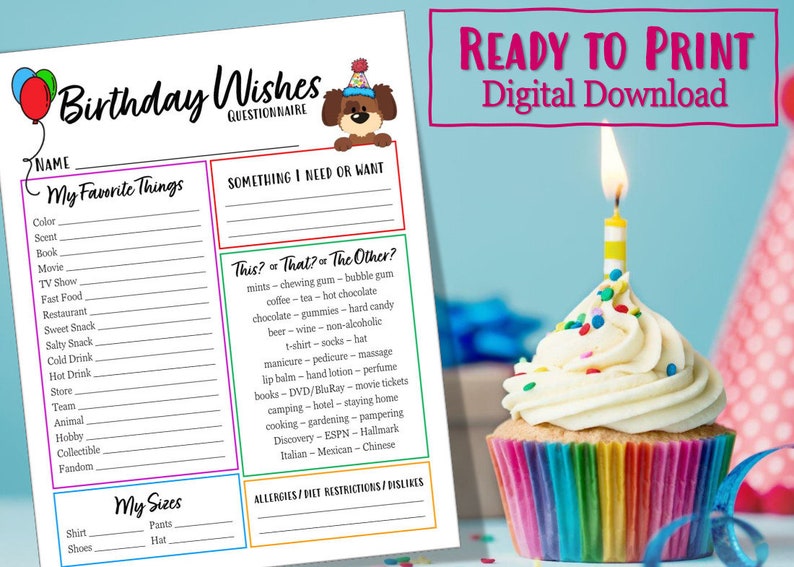 PRINTABLE Birthday Wishes Questionnaire, Wish List, Favorites List ...
