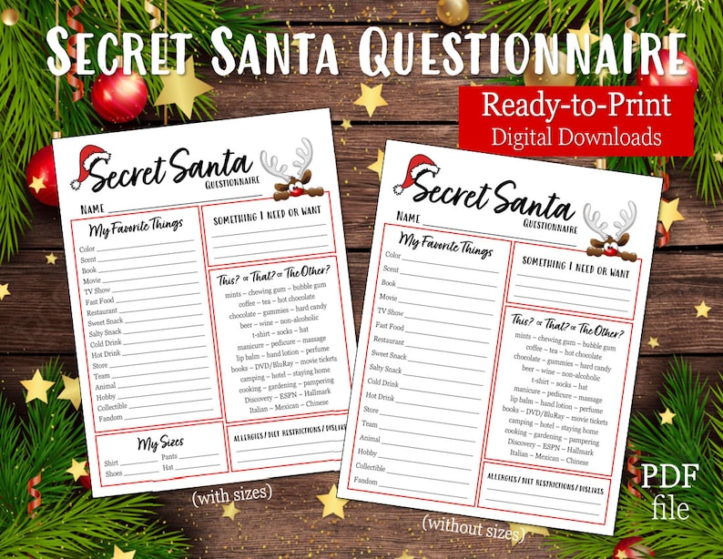PRINTABLE Secret Santa Questionnaire, Holiday Gift Exchange Form ...