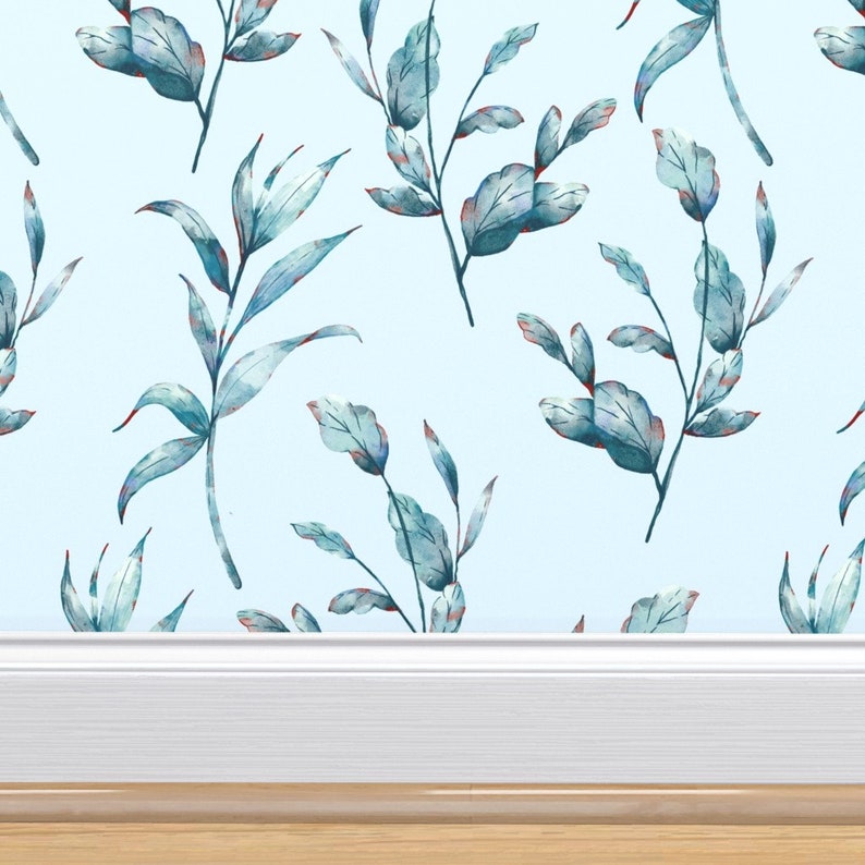 Wallpaper, Spring Leaves Garden Light Blue Large Scale Large Scale ...