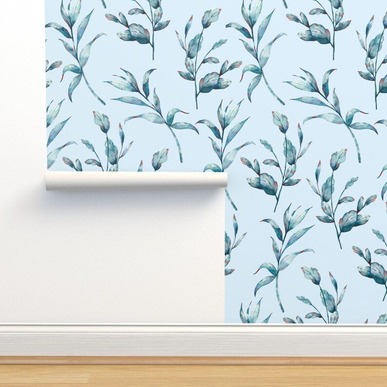 Wallpaper, Spring Leaves Garden Light Blue Large Scale Large Scale ...