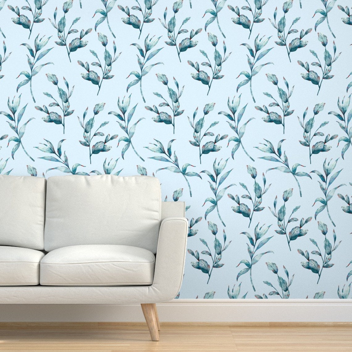 Wallpaper, Spring Leaves Garden Light Blue Large Scale Large Scale ...