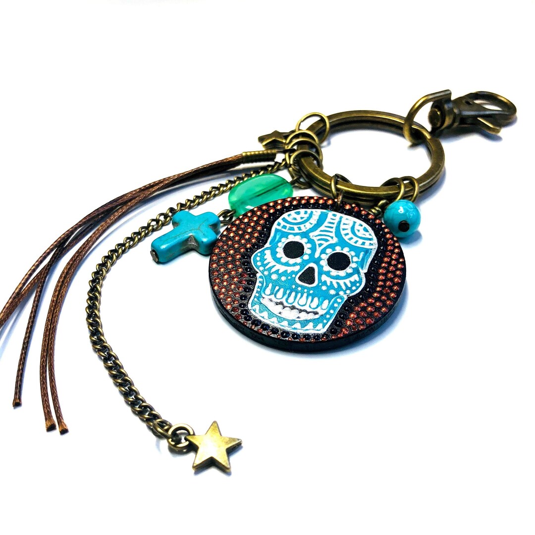 Sugar Skull Keychain Hand-painted, Day of the Dead Bag Tag, Boho Wooden ...