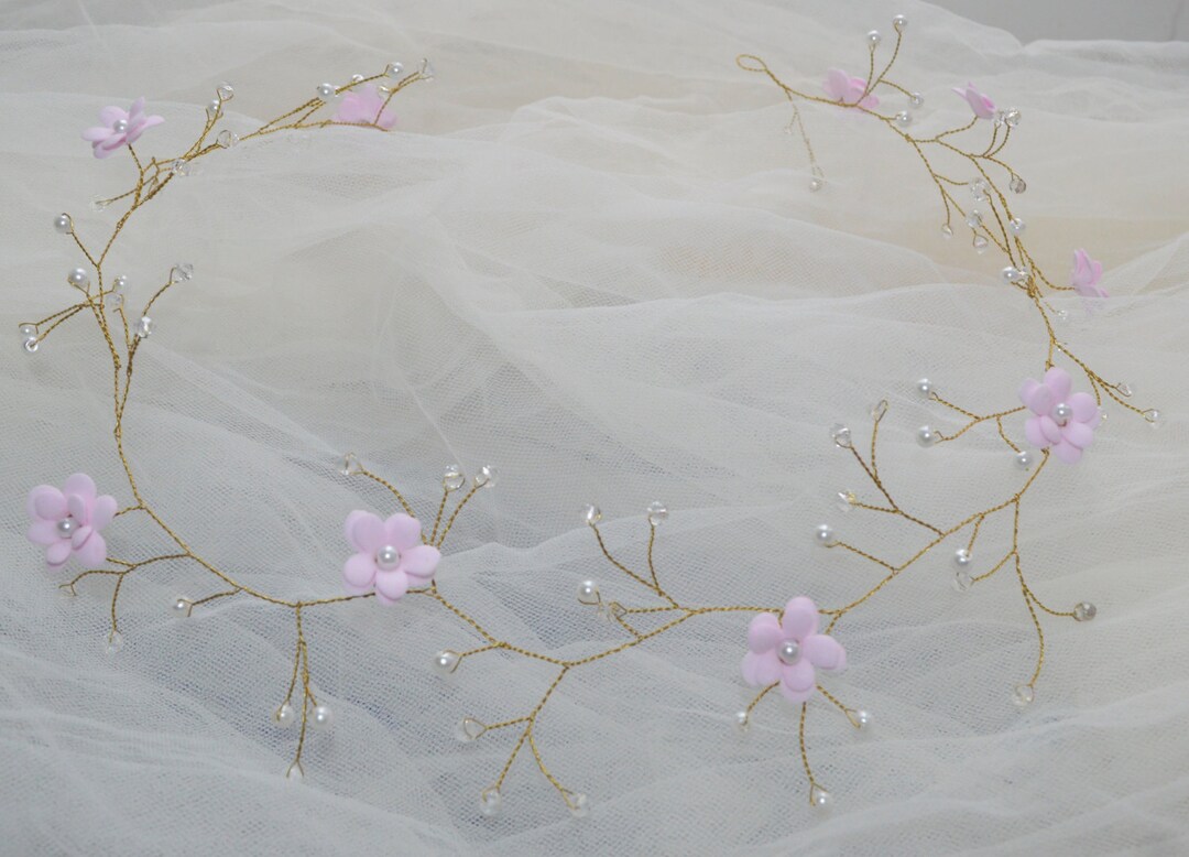 Pink Bridal Flower Crown Bridal Hair Vine White Flower Crown Pearl Hair ...