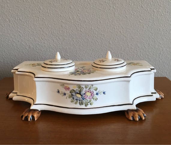 Vintage Porcelain Ink Well With Floral Decoration and Claw | Etsy