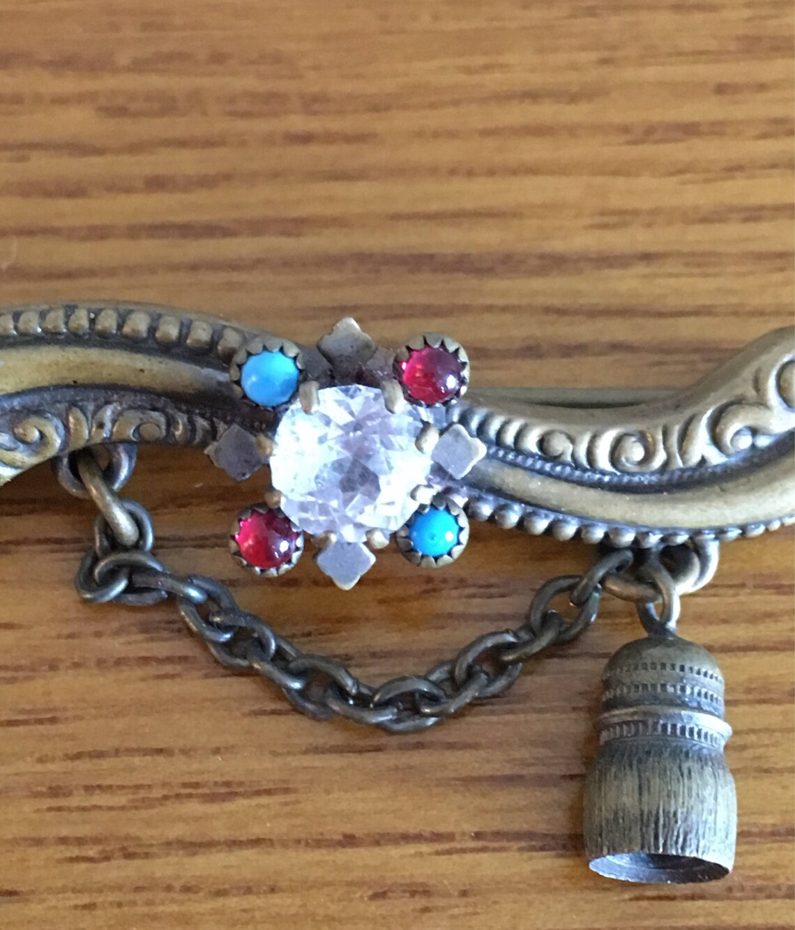 Antique Chatelaine Brooch With Large Rhinestone and Turquoise and Ruby ...