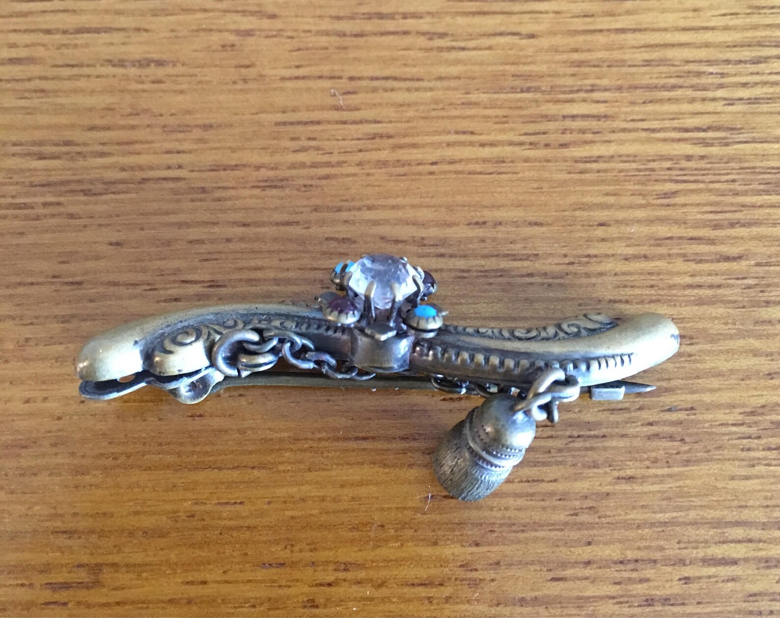 Antique Chatelaine Brooch With Large Rhinestone and Turquoise and Ruby ...