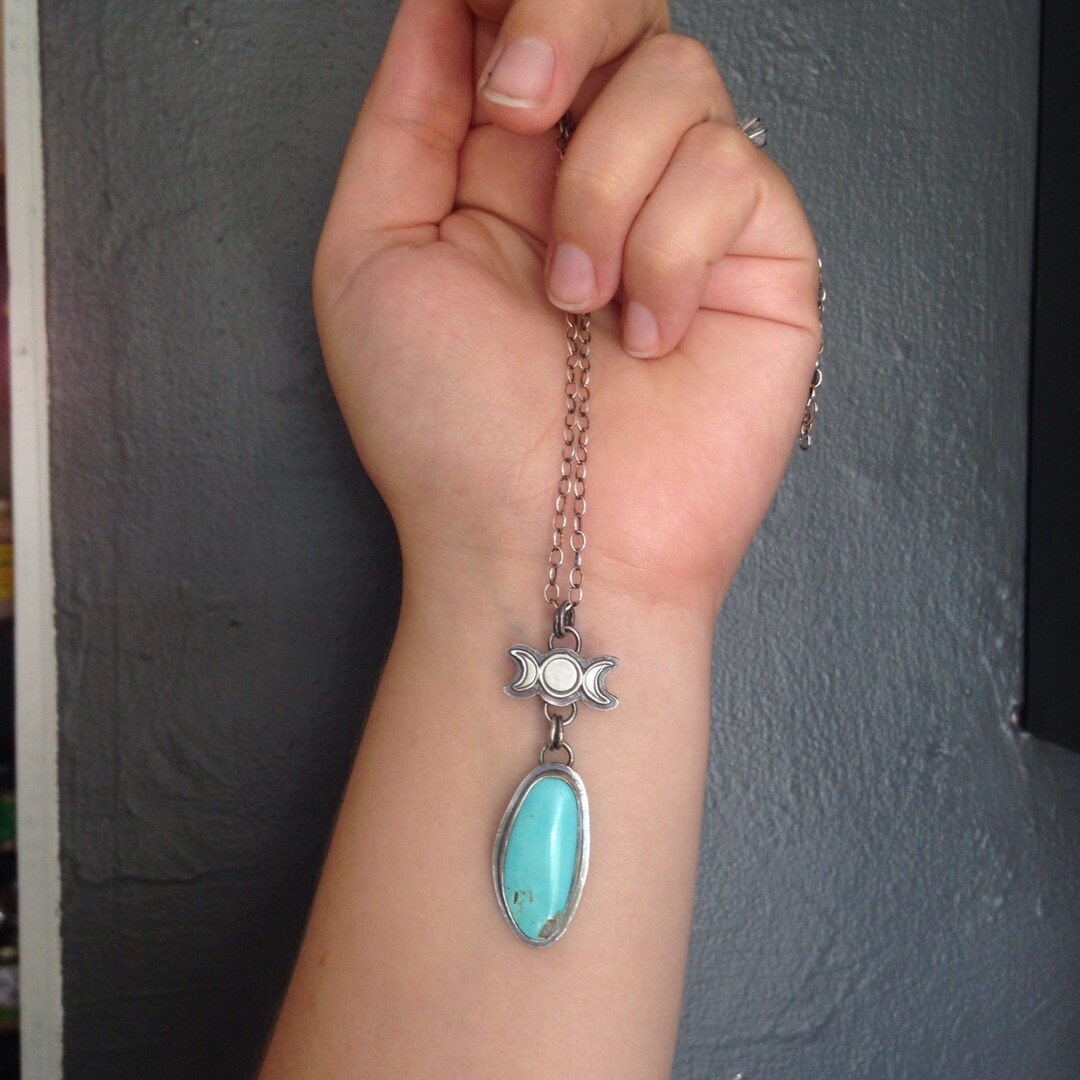 Triple Moon Sterling Silver and Alacron Turquoise Pendant Talisman - 18 ...