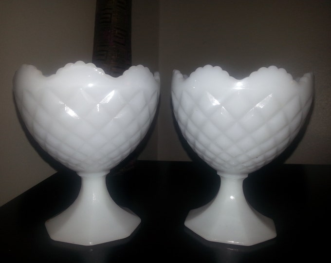 Set of 2 Napco Milk Glass Diamond Pattern Compotes Dishes/planter - Etsy
