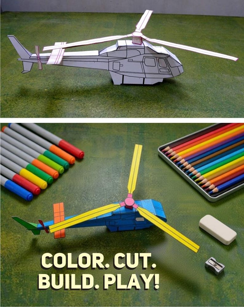 3D Helicopter Paper Craft Printable | Colorable Transportation Craft ...