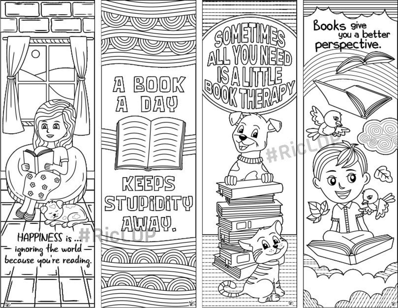 Coloring Bookmarks Books and Reading Zen Doodle Boy Girl Animal ...