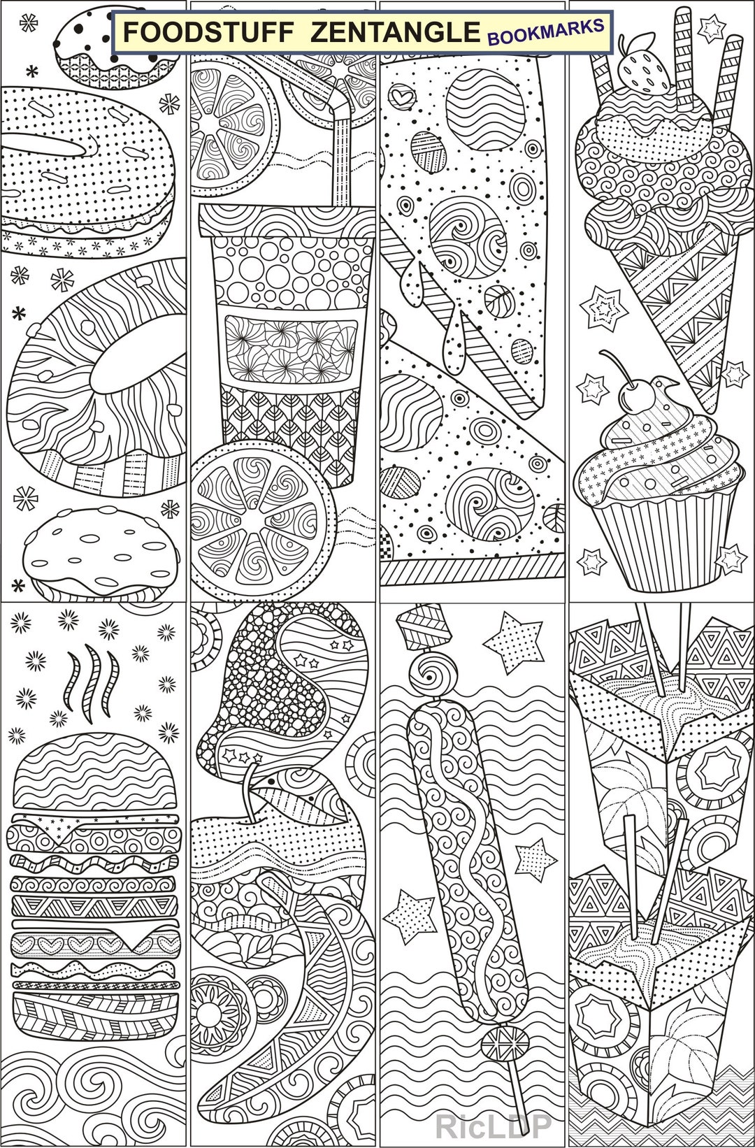 Foodstuff Coloring Bookmarks Cute Doodles Pizza Ice Cream Fruits ...