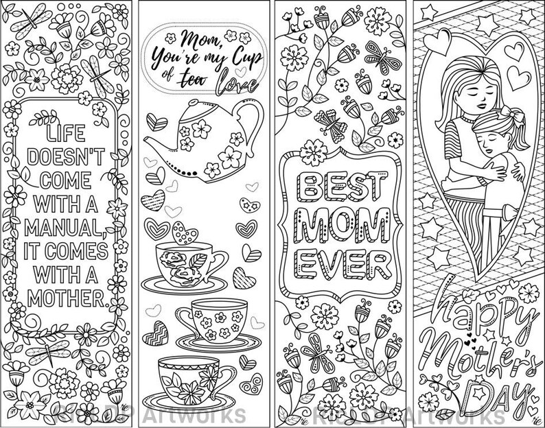 Mother's Day Coloring Bookmarks: Zen Doodles, Hearts, Flowers (PDF/JPEG ...