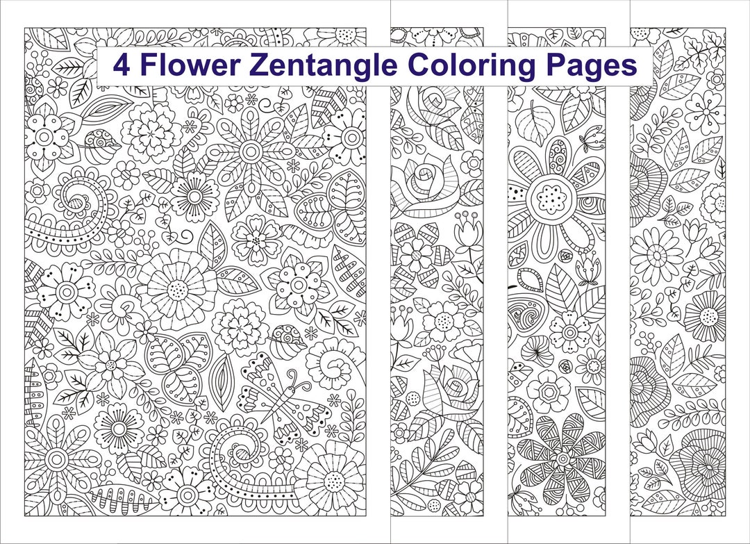 Four Flower Zentangle Coloring Pages Seamless Floral Patterns Leaves ...