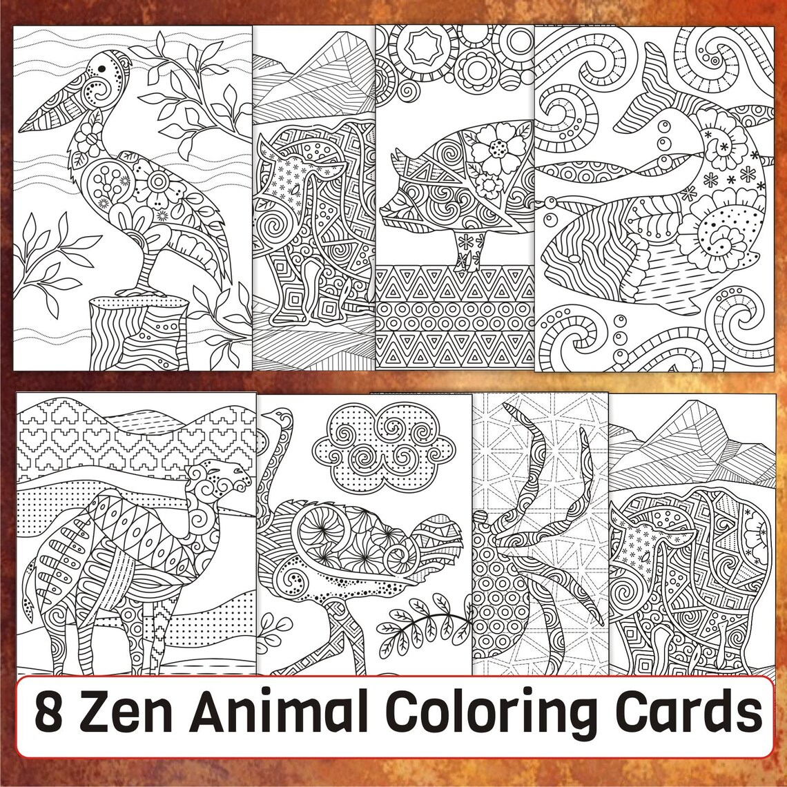 Zentangle Animal Coloring Cards: Mindful Art Prints (PDF & JPEG ...