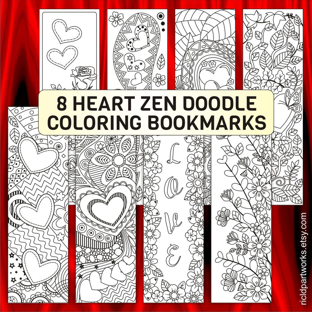 Valentine's Day Coloring Bookmarks: Zen Doodle Hearts, Flowers (PDF ...