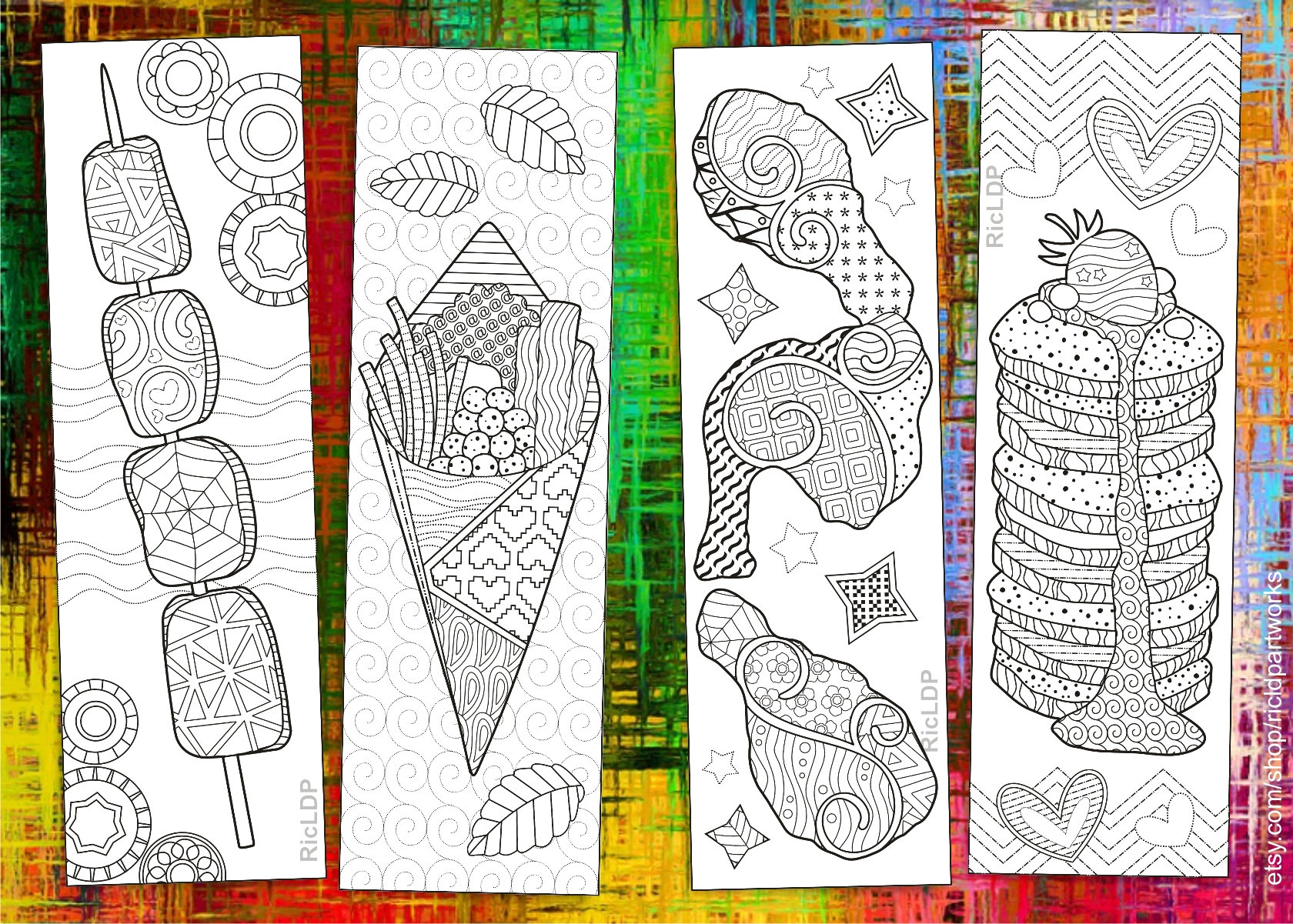Food Doodle Coloring Bookmarks Lineart Fried Chicken Eggs Pancakes ...