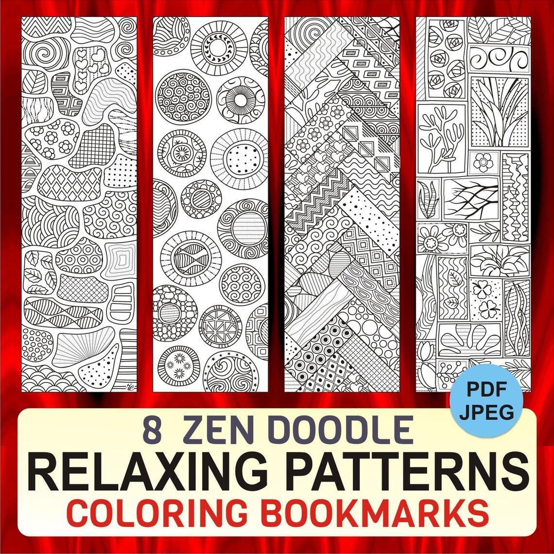 Zen Doodle Coloring Bookmarks: 8-pack Zentangle Line Art (PDF & JPEG ...