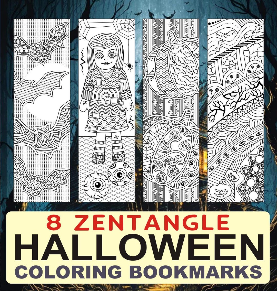 8-pack Zentangle Halloween Coloring Bookmarks for Kids and Teens ...