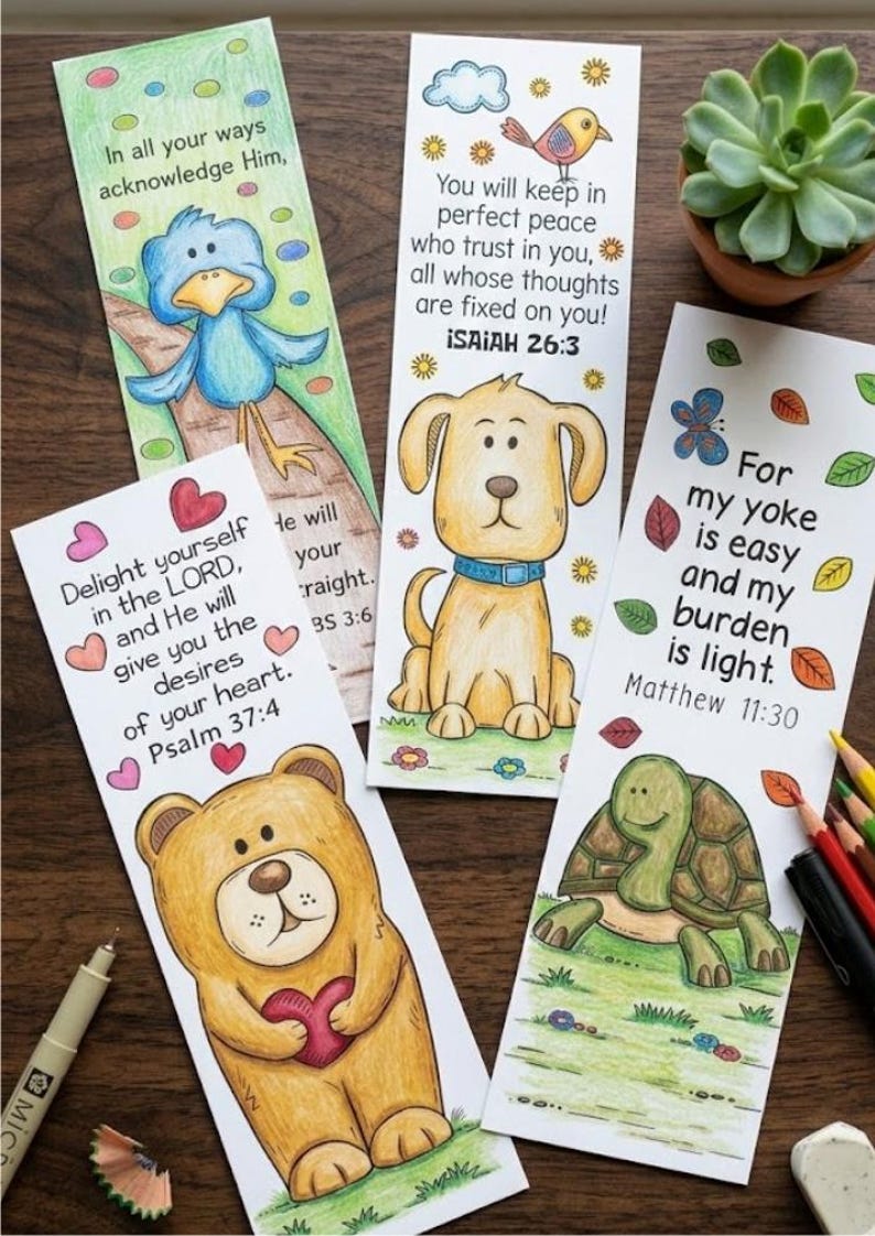 Hand-drawn Animal Bible Verse Coloring Bookmarks for Kids - Printable ...