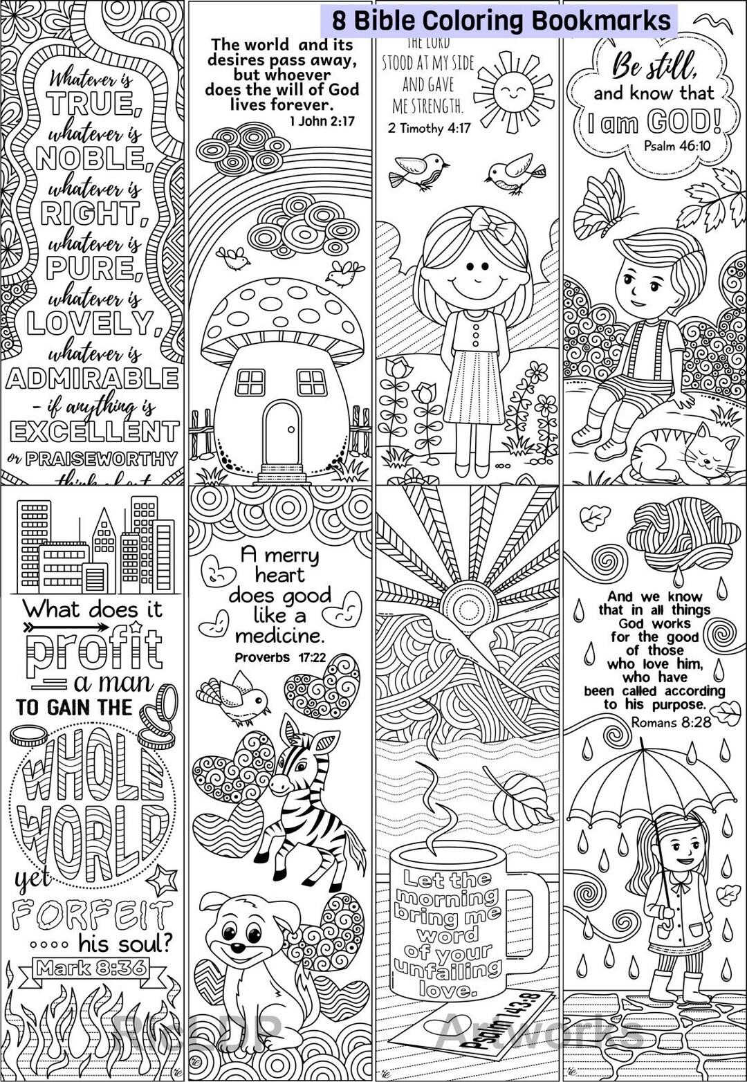 Bible Verse Coloring Bookmarks Cute Doodles Psalm 46 10 Romans 8 28 1 ...