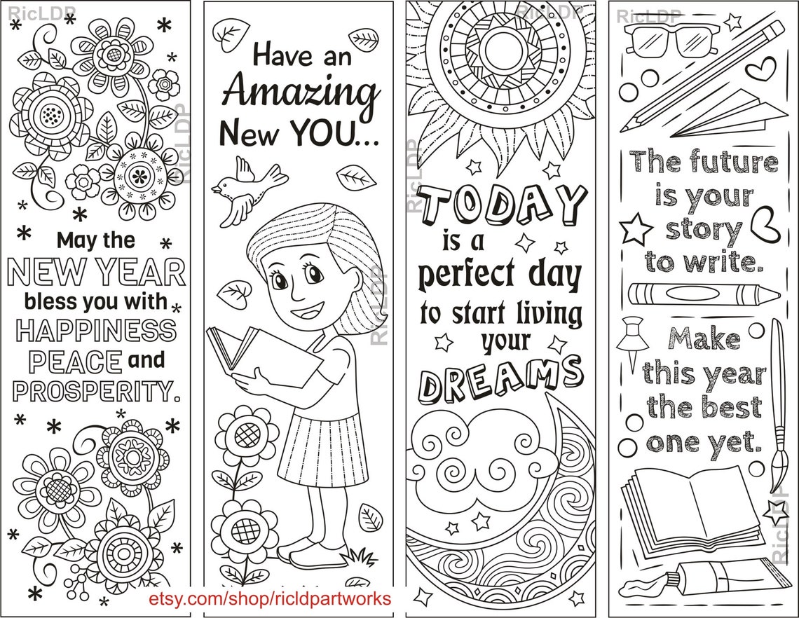 Set of 8 New Year Coloring Bookmarks New Year Phrases Fresh Start ...