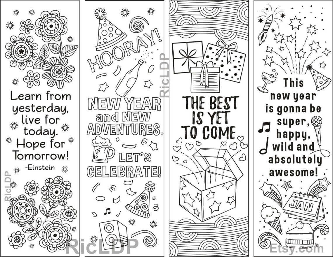 8 Printable New Year Coloring Bookmarks – Festive, Motivational Craft ...