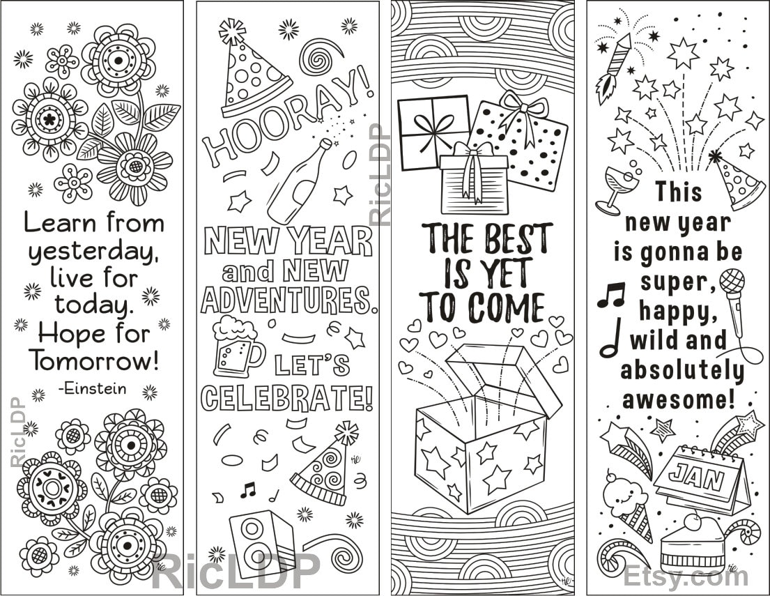 8 Printable New Year Coloring Bookmarks – Festive, Motivational Craft ...