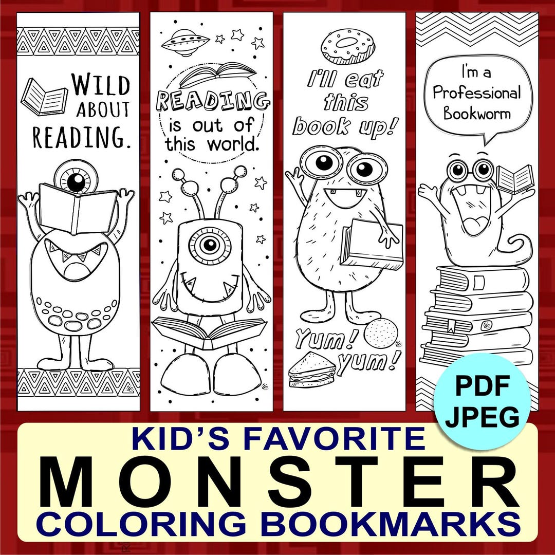 8 Cute Whimsical Monster Coloring Bookmarks With Sayings on Books ...
