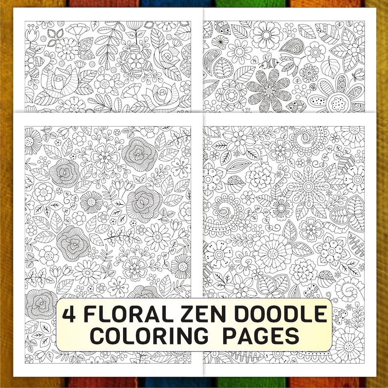 Floral Zen Doodle Coloring Pages: Mindful Relaxation, Printable Set of ...