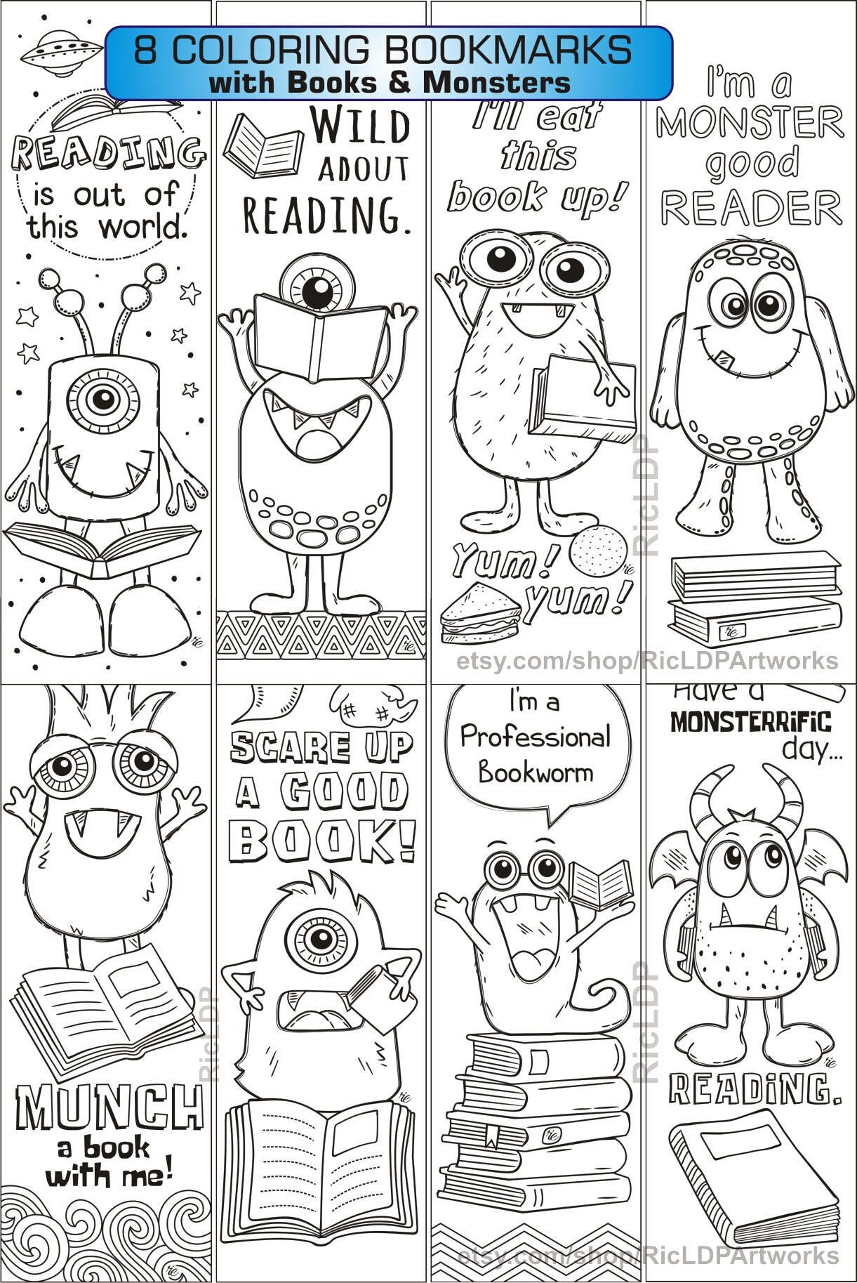 Set of 8 Coloring Bookmarks with Monster Drawings Cute - Etsy España