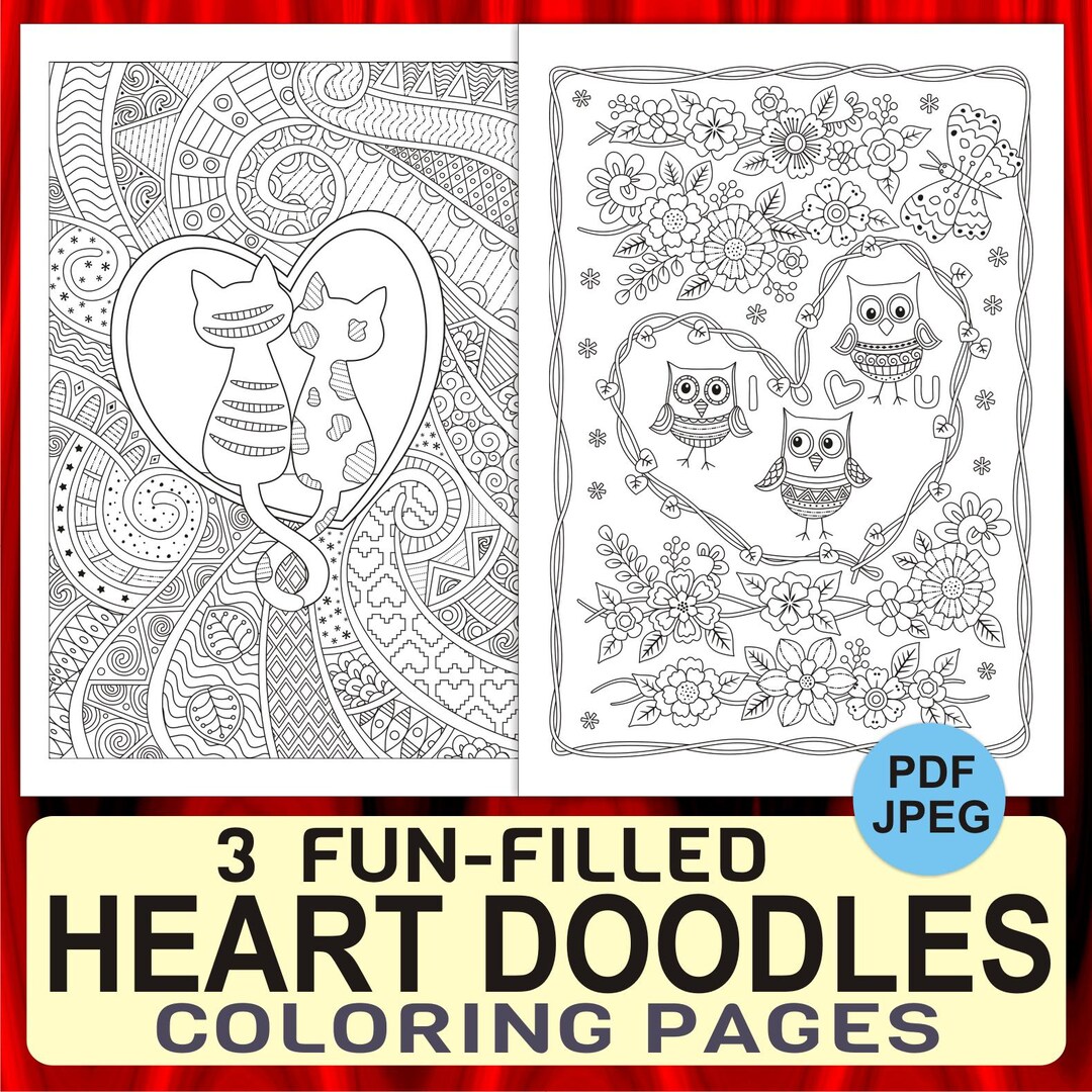 Heart Zen Doodle Coloring Pages: Valentine's Day Animal Theme (PDF/JPEG ...